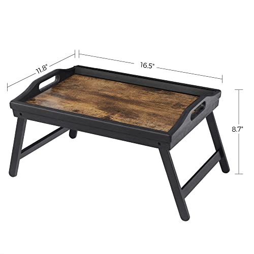 SONGMICS Bed Tray Table with Bamboo Folding Legs, Sofa Breakfast Tray, Serving Tray with Groove for Phone Tablet, Rustic Dark Brown ULLD111B01
