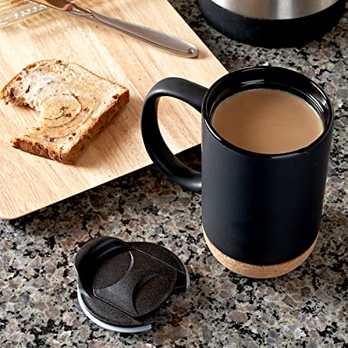 Cork Base Ceramic Mug with Lid (Set of 2) - 17 oz. Oversized Coffee Mugs Set with Removable Insulated Cork Bottom & Spillproof Lids - Great for Tea & Hot Cocoa - Wash in Dishwasher - BLACK