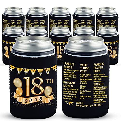 Tartness 18th Birthday Can Cooler Sleeves Pack of 12-18th Anniversary Decorations- 2005 Decorate Sign - 18th Birthday Party Supplies - Black and Gold the eighteenth Birthday Cup Coolers