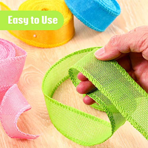 4 Rolls Easter Burlap Wired Ribbons, Solid Wired Edge Ribbon, Wrapping Burlap Ribbon, Burlap Wired Ribbon for Wreaths Home Decor DIY Crafts (Blue, Light Green, Light Yellow, Pink,1-1/2 Inch)
