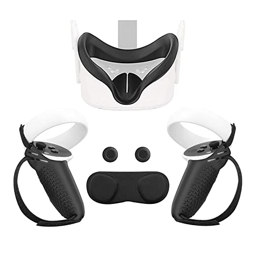 Vakdon Controller Grips Cover Compatible with Oculus Quest 2, 6in1 Quest 2 Accessories, with Silicone Face Cover, Lens Protector Cover and Knuckle Straps, Provide All-Round Protection (Black)