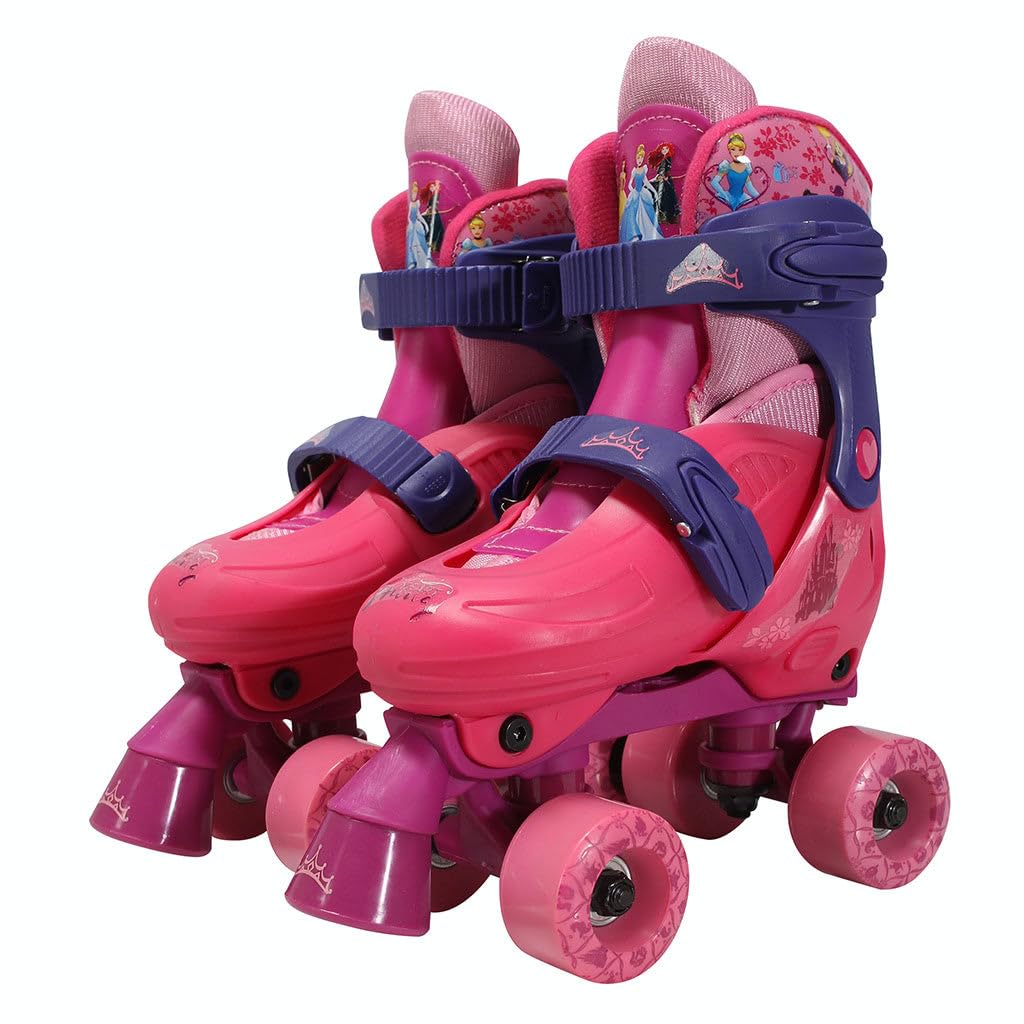 PlayWheels Adjustable Disney Princess Glitter Quad Roller Skates for Children – Enchanting Design Featuring Iconic Disney Princesses – Junior Size 10-13 – Ideal for Indoor and Outdoor Skating Fun