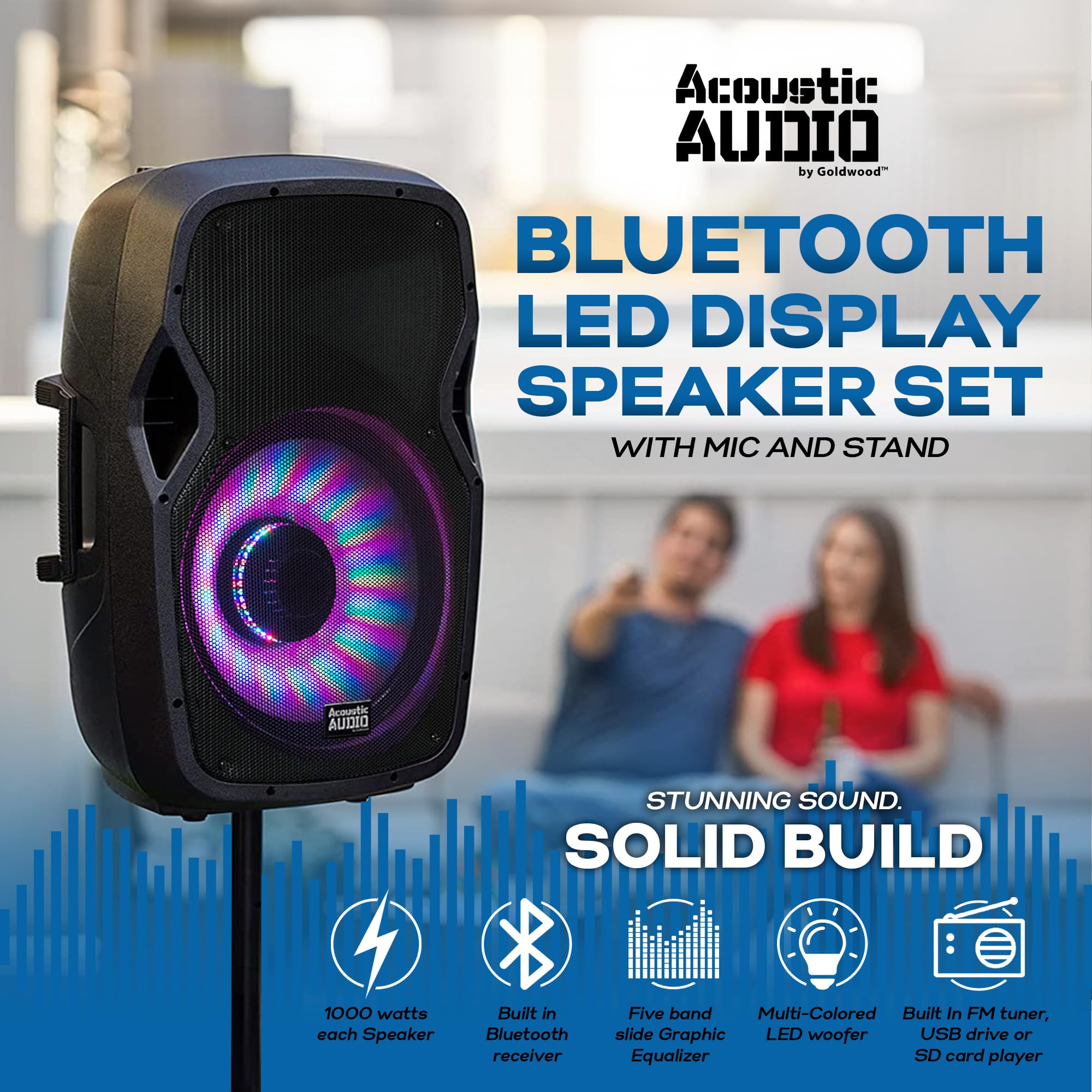 Acoustic Audio by Goldwood 15" 1000W Bluetooth Speaker Set w/ LED, Mic, Stand, & Remote