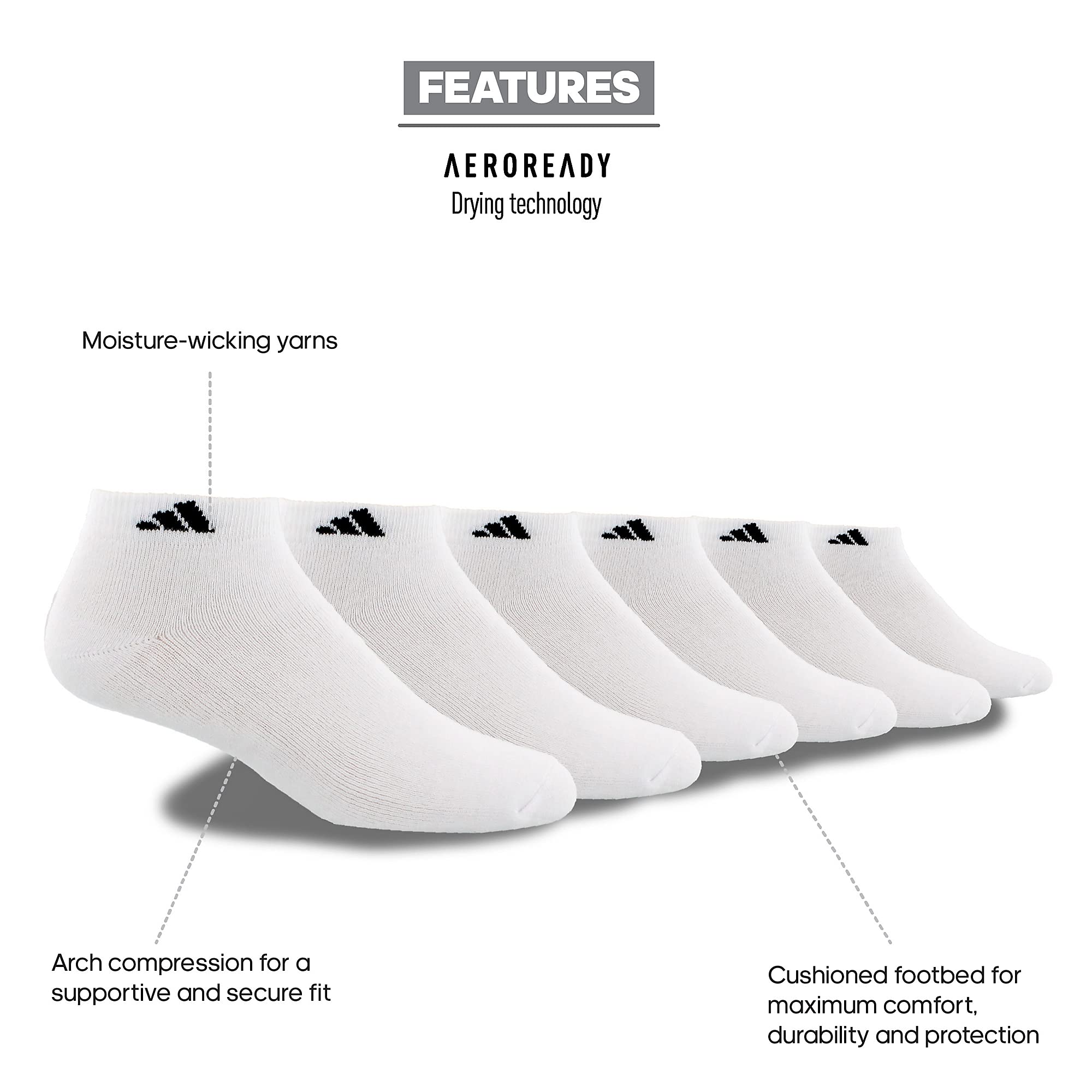 adidas Men's Athletic Cushioned Low Cut Socks with Arch Compression for a Secure fit (6-Pair), White/Black, XL