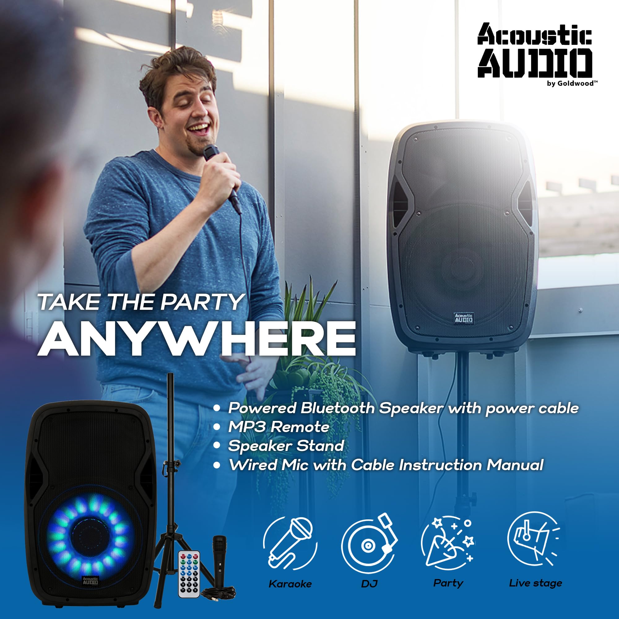 Acoustic Audio by Goldwood 15" 1000W Bluetooth Speaker Set w/ LED, Mic, Stand, & Remote