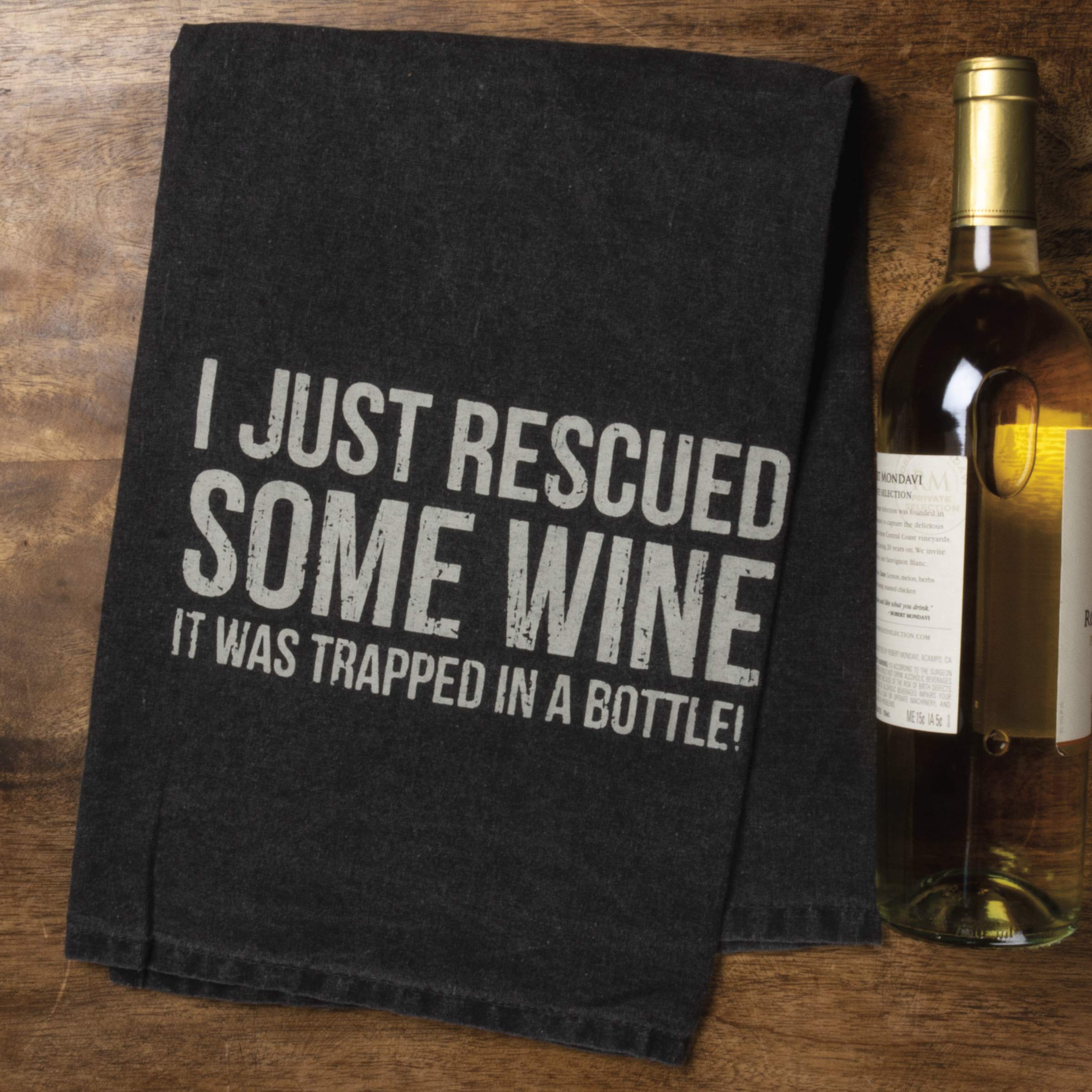 Primitives by Kathy 37207 Classic Black and White Dish Towel, 28", Just Rescued Some Wine