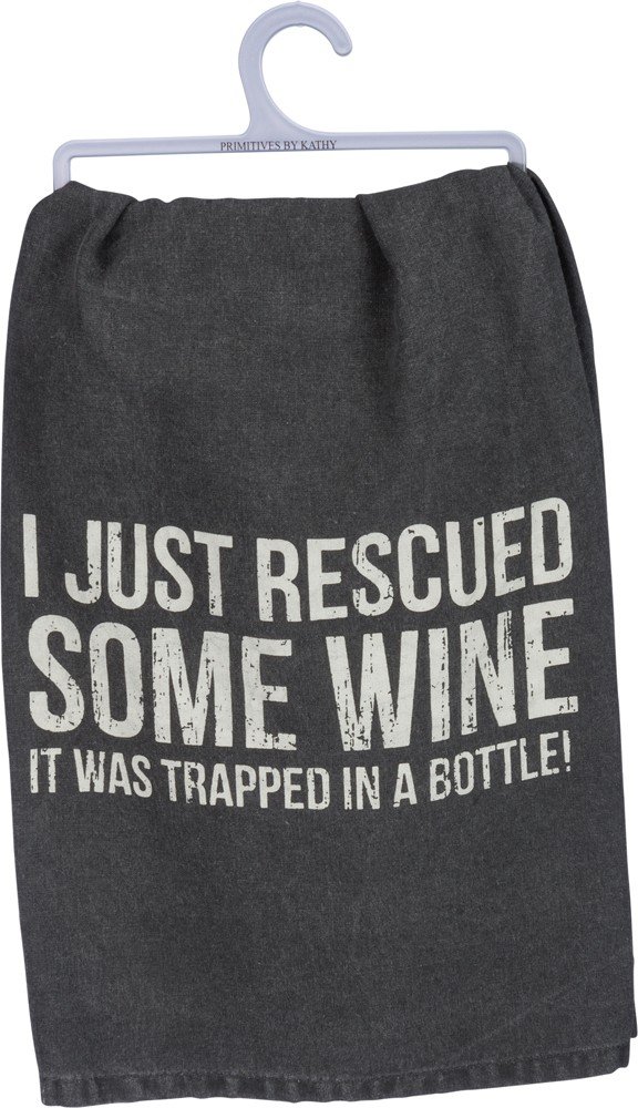 Primitives by Kathy 37207 Classic Black and White Dish Towel, 28", Just Rescued Some Wine