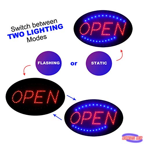 Ultima LED Neon Open Sign for Business: Jumbo Lighted Sign Open with Flashing Mode β Large Indoor Electric Light up Sign for Stores (23 x 14 in) Includes Business Hours and Open & Closed Sign