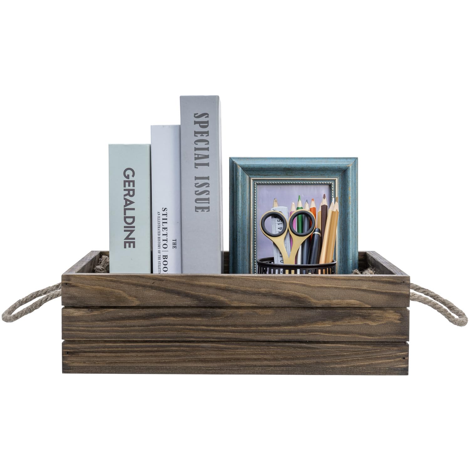 MyGift 13 Inch Rustic Brown Wood Decorative Storage Organizer Bin with Rope Handles, Open Top Small Crate Box for Bathroom Accessories, Books, Crafts, Fruits