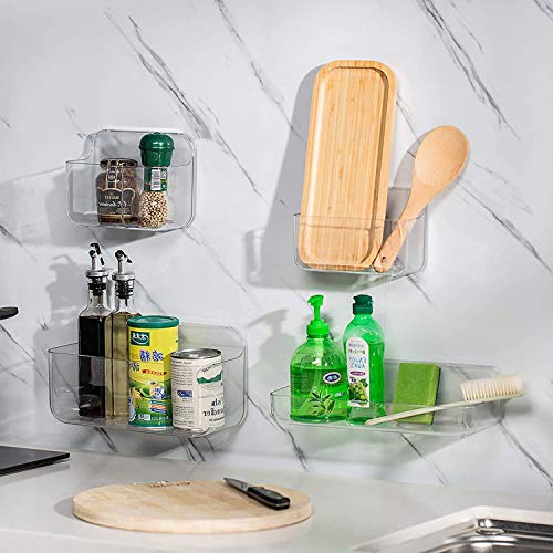 Plastic Wall Mount Organizer Rack Shelf Container Bin Storage Box Holder Basket Hanging Walls/Doors Free Punch for Kitchen, Bathroom, Cabinet, Toilet,Office, Bedroom, Craft Room - Clear (Small)