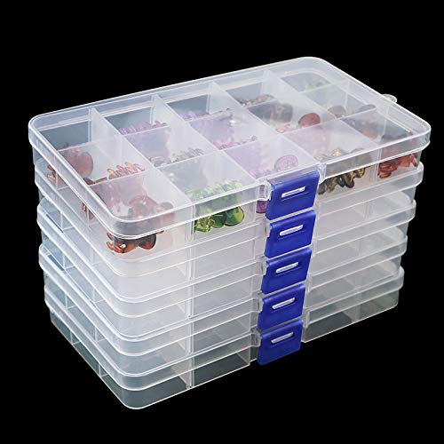 WYKOO 5 Pack 15 Grids Transparent Plastic Bead Organizers, Clear Plastic Jewelry Organizer Box with Movable Dividers, Earring Storage Containers Small Craft Storage Box