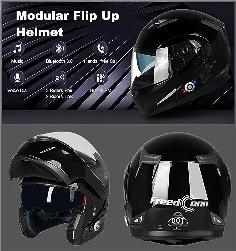 FreedConn Motorcycle Bluetooth Helmet BM2-S Flip Up Modular Bluetooth Motorcycle Helmet Voice Dial Hands-Free Call 500M 2-3 Riders MP3 FM DOT Motorcycle Helmet with Bluetooth 3.0 (Large, Gloss Black)