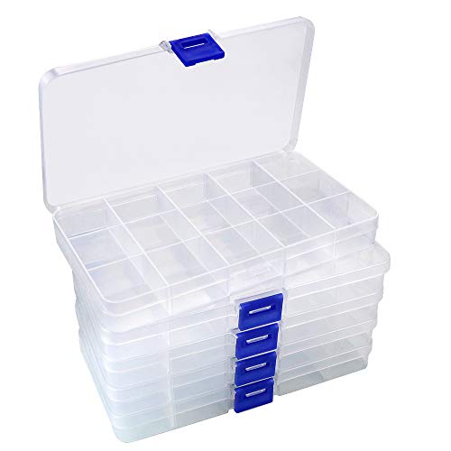 WYKOO 5 Pack 15 Grids Transparent Plastic Bead Organizers, Clear Plastic Jewelry Organizer Box with Movable Dividers, Earring Storage Containers Small Craft Storage Box