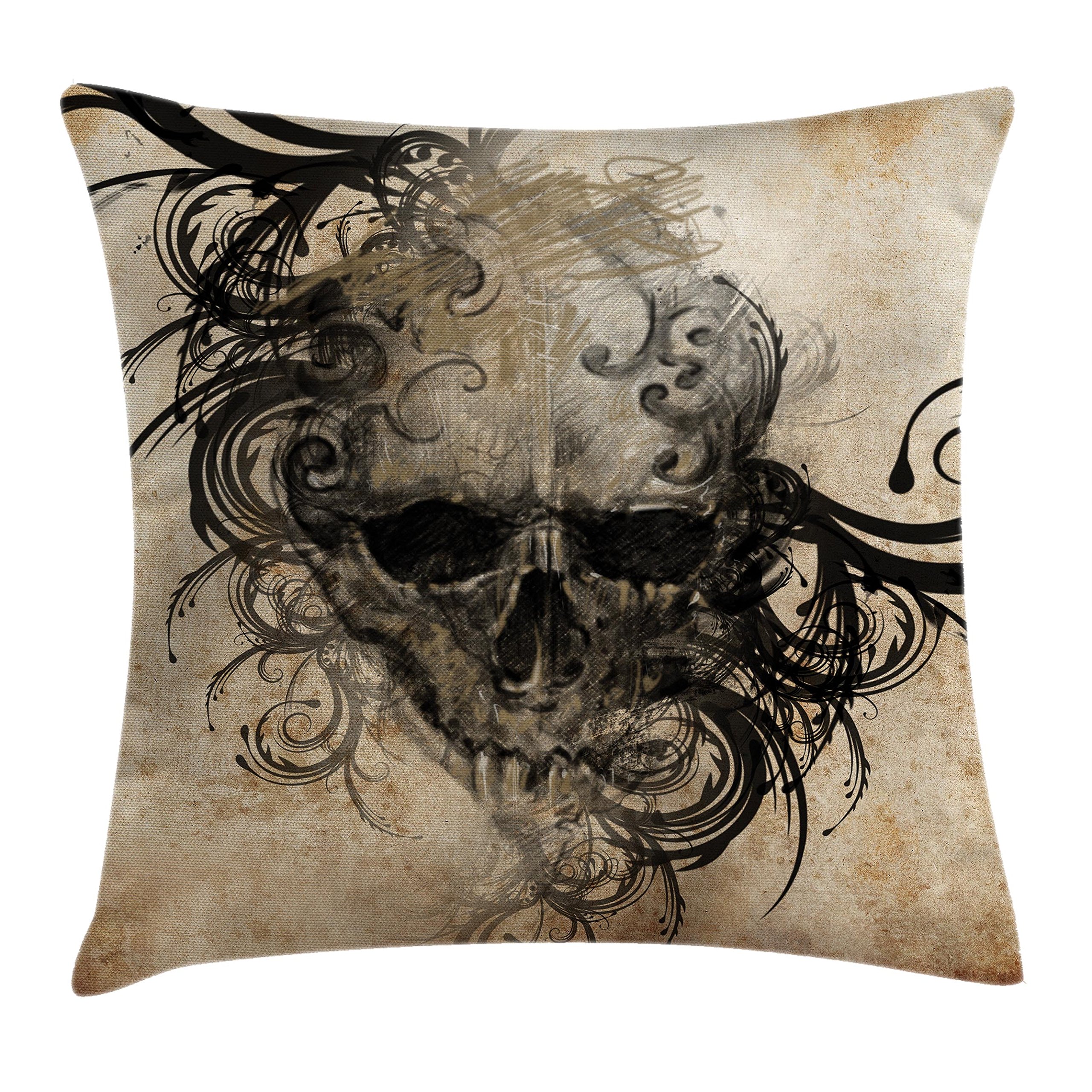 Ambesonne Tattoo Throw Pillow Cushion Cover, Handmade Image of a Skull with Tribal Floral Like Designs Around Print, Decorative Square Accent Pillow Case, 24" X 24", Brown Black