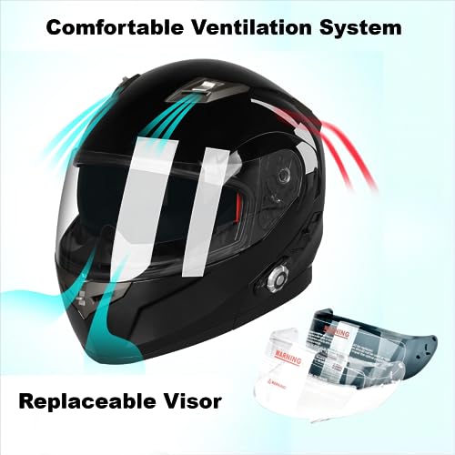 FreedConn Motorcycle Bluetooth Helmet BM2-S Flip Up Modular Bluetooth Motorcycle Helmet Voice Dial Hands-Free Call 500M 2-3 Riders MP3 FM DOT Motorcycle Helmet with Bluetooth 3.0 (Large, Gloss Black)