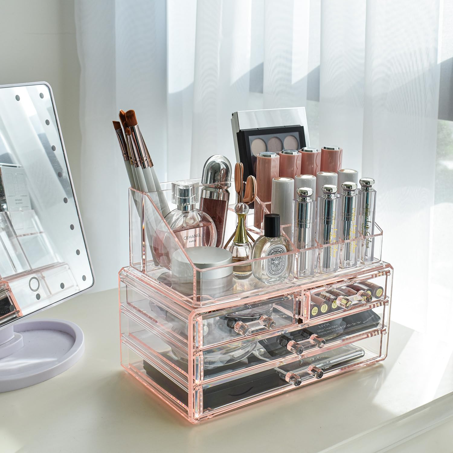 Ikee Design Pink Jewelry & Cosmetic Storage Display Boxes Two Pieces Set, Organizer Makeup Holder, for Vanity
