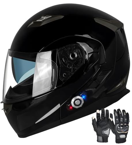 FreedConn Motorcycle Bluetooth Helmet BM2-S Flip Up Modular Bluetooth Motorcycle Helmet Voice Dial Hands-Free Call 500M 2-3 Riders MP3 FM DOT Motorcycle Helmet with Bluetooth 3.0 (Large, Gloss Black)