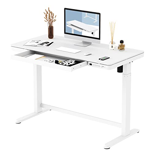 FLEXISPOT EW8 Comhar Electric Standing Desk with Drawers Charging USB A to C Port, Height Adjustable 48" Whole-Piece Quick Install Home Office Computer Laptop Table with Storage (White Top + Frame)