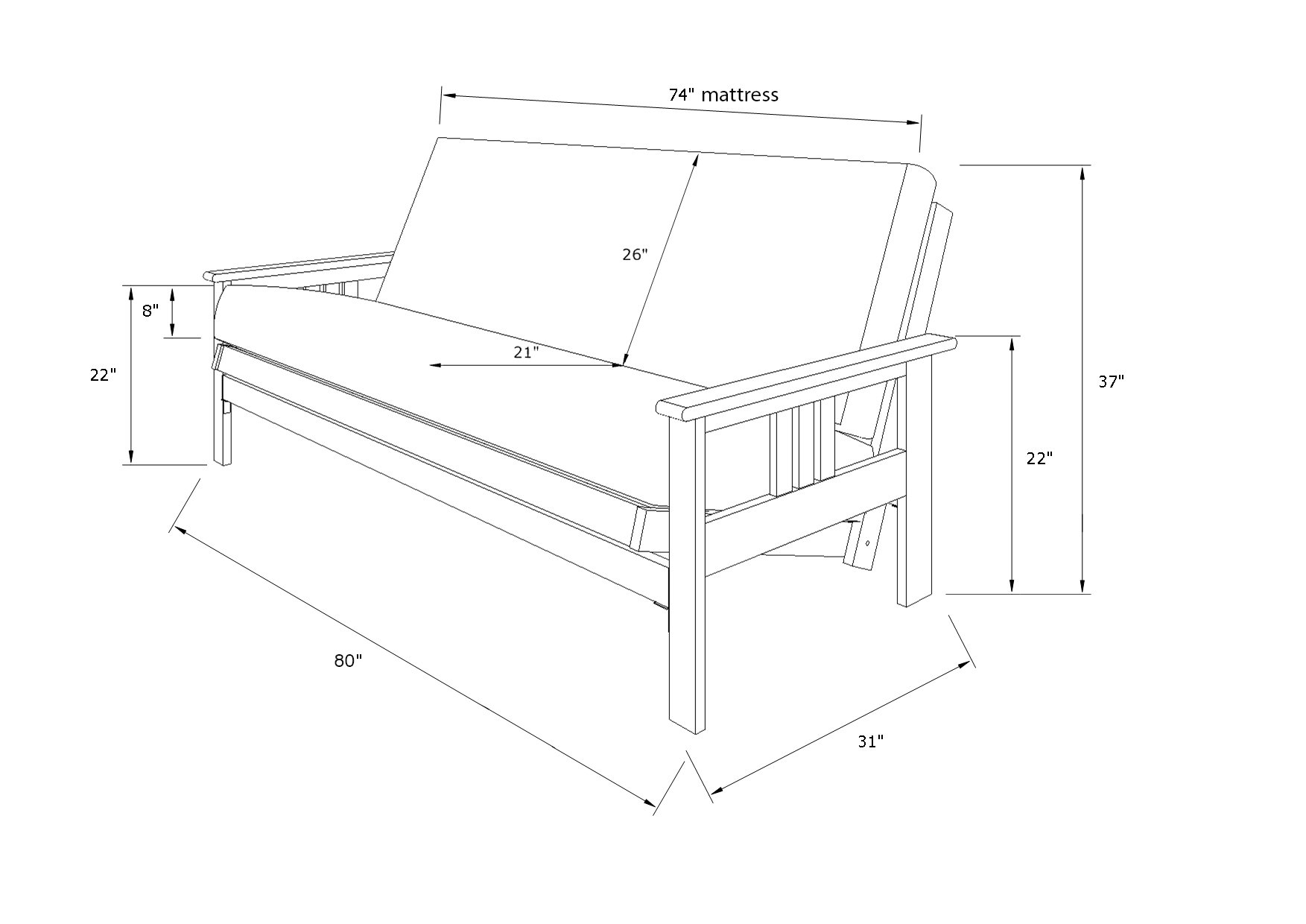 Kodiak Furniture Monterey Futon Set with Storage Drawers, with Barbados Base and Linen Charcoal Mattress