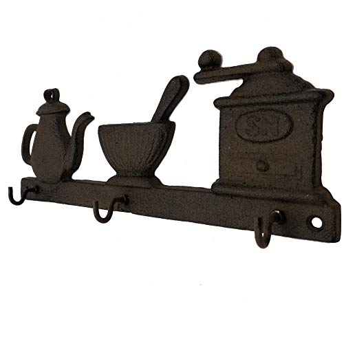 Comfy Hour 4" Cast Iron Teapot Three Key Coat Hooks Clothes Rack Wall Hanger, Heavy Duty Recycled Gift, Dark Brown, Home Décor Collection