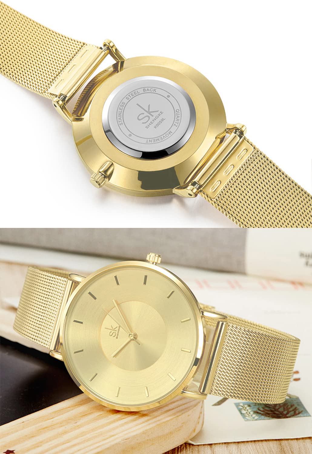 SHENGKE Simple Watches Analog Mesh Watches for Women Stainless Steel Band reloj de Mujer (K0059-GD)