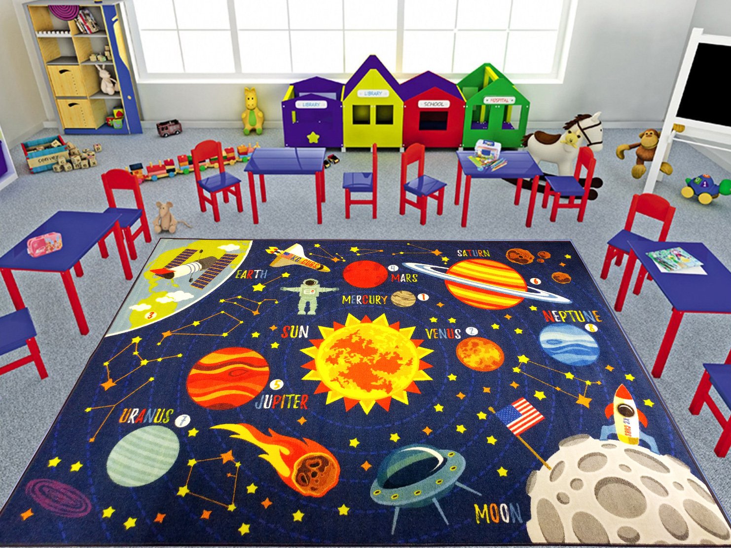 KC Cubs Outer Space Solar System Road Play Educational Learning & Fun Game Boy & Girl Kids Rug Carpet for Children Bedroom, Toddler Classroom and Baby Playroom Floor Mat, Playtime Adventure Activity