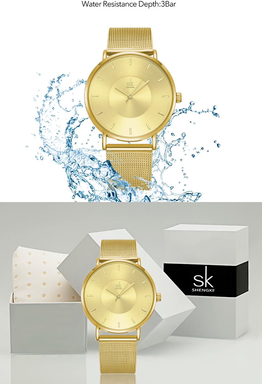 SHENGKE Simple Watches Analog Mesh Watches for Women Stainless Steel Band reloj de Mujer (K0059-GD)