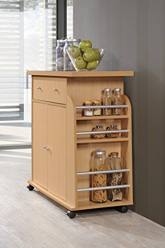 Hodedah Import Kitchen Island with Spice Rack and Towel Rack, Beech