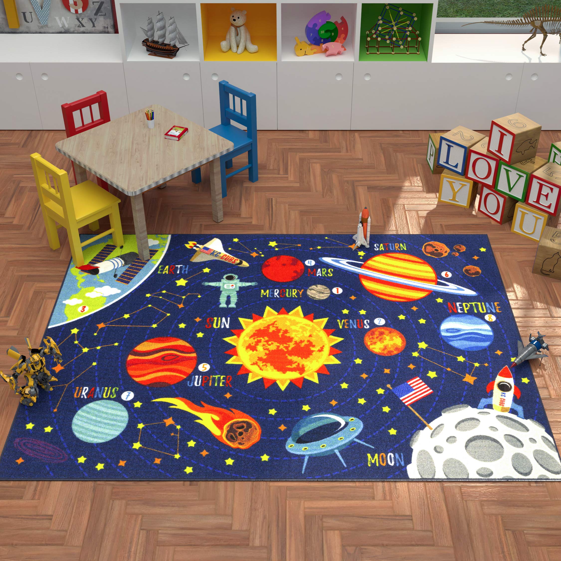 KC Cubs Outer Space Solar System Road Play Educational Learning & Fun Game Boy & Girl Kids Rug Carpet for Children Bedroom, Toddler Classroom and Baby Playroom Floor Mat, Playtime Adventure Activity