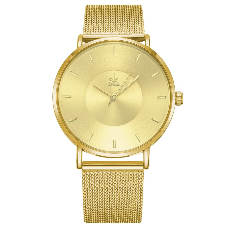 SHENGKE Simple Watches Analog Mesh Watches for Women Stainless Steel Band reloj de Mujer (K0059-GD)
