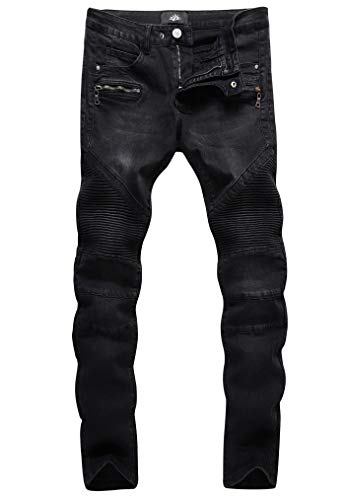 ZLZ Black Biker Jeans for Men Slim Fit, Men's Comfy Stretch Ripped Distressed Biker Jeans Pants Rock, Designer Jeans, Size 34