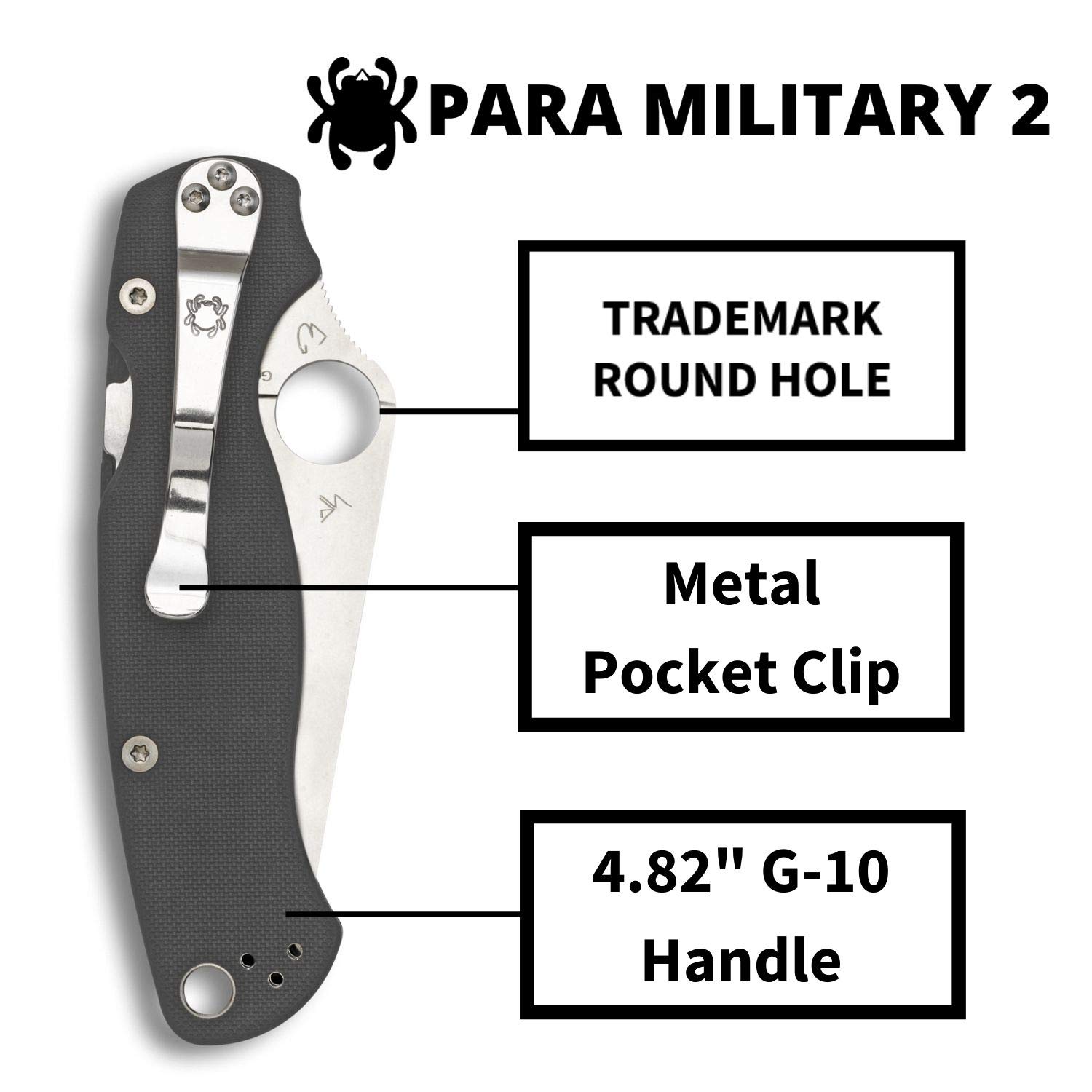 Spyderco Para Military 2 Signature Maxamet Knife with 3.42" Steel Blade and Durable Dark Gray G-10 Handle - PlainEdge - C81GPDGY2