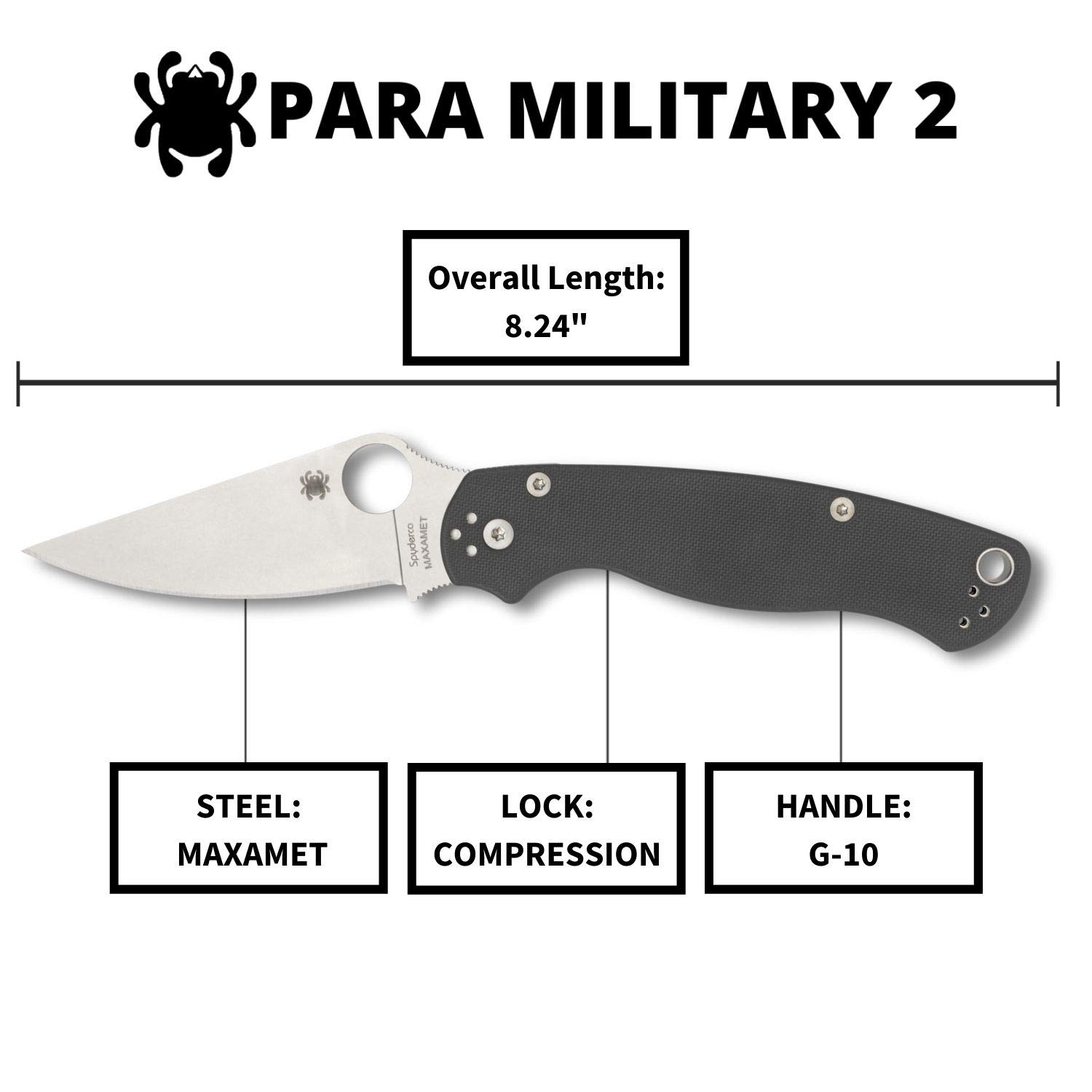 Spyderco Para Military 2 Signature Maxamet Knife with 3.42" Steel Blade and Durable Dark Gray G-10 Handle - PlainEdge - C81GPDGY2