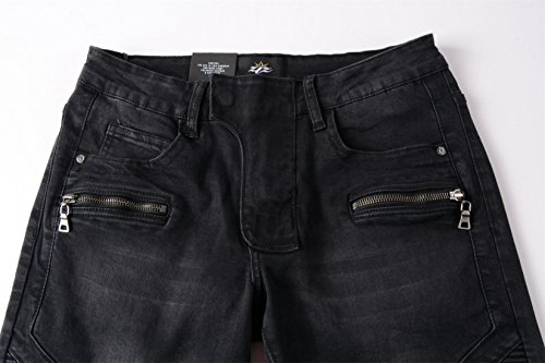 ZLZ Black Biker Jeans for Men Slim Fit, Men's Comfy Stretch Ripped Distressed Biker Jeans Pants Rock, Designer Jeans, Size 36