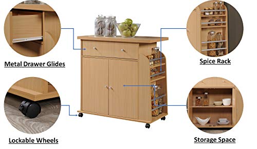 Hodedah Import Kitchen Island with Spice Rack and Towel Rack, Beech