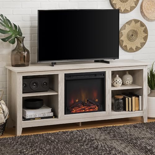 Walker Edison Wren Classic White Wash TV Console for 65 + Inch Television Fireplace Entertainment Center, 58 Inch