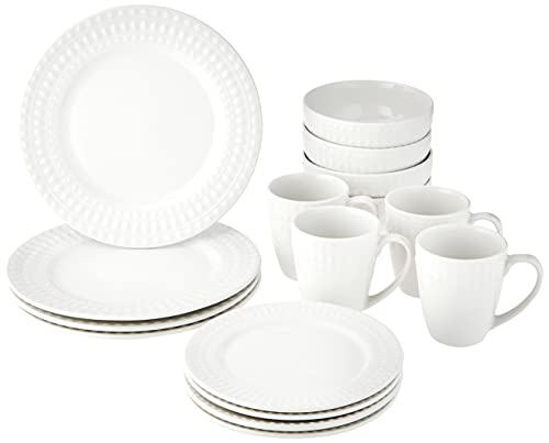 Elle Décor Amelie Round Dinnerware Set – 16-Piece Porcelain Dinner Set w/ 4 Dinner Plate, 4 Salad Plates, 4 Bowls & 4 Mugs – Unique Gift Idea Any Special Occasion or Birthday