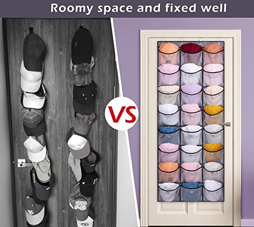 KEETDY 24 Baseball Hat Rack for Door Large Hat Organizer for Baseball Caps with Elastic Pockets Caps Holder Protect and Display Hat Storage