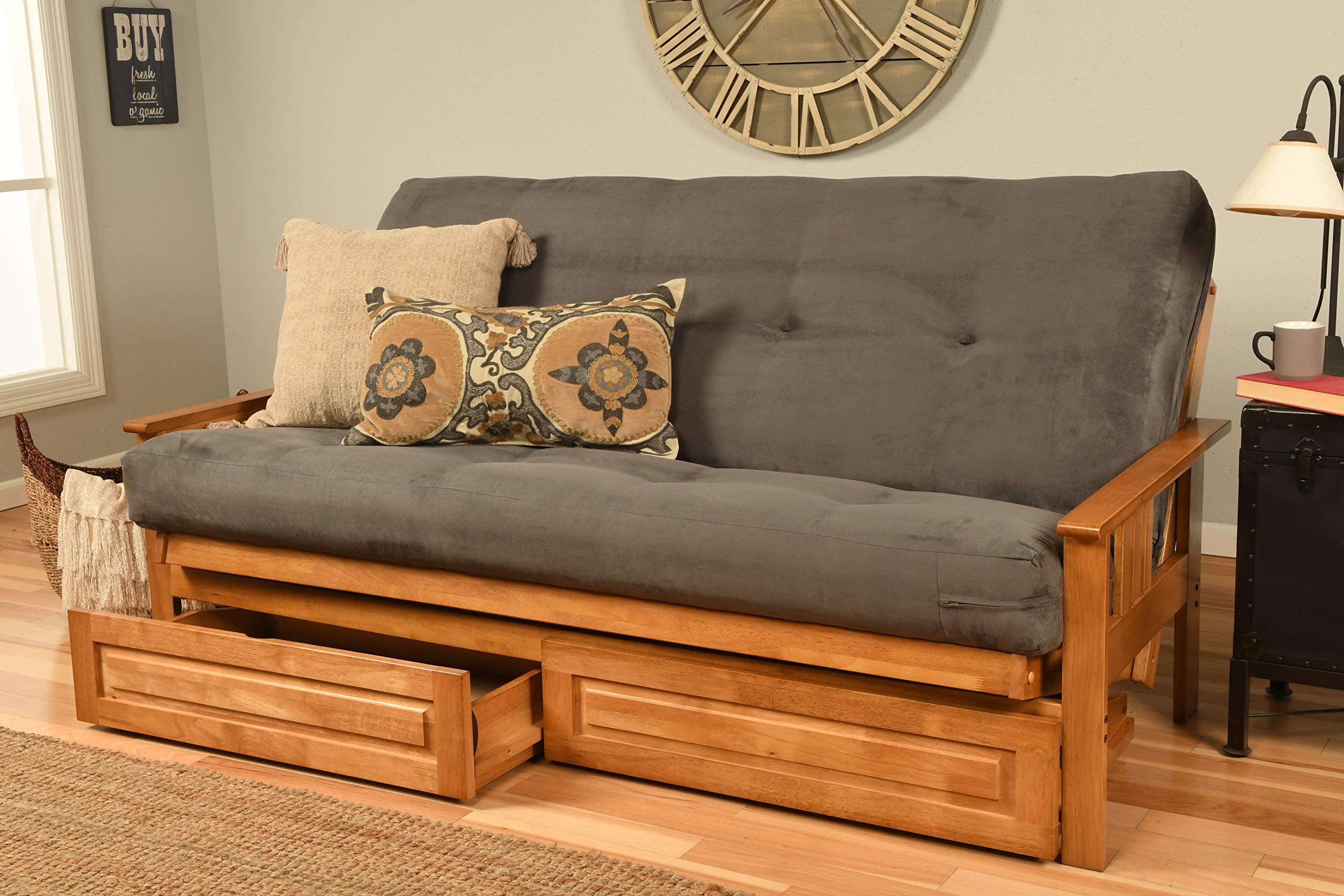 St Paul Furniture Eldorado Wood Futon and Mattress Set w/ 8 Inch Coil Mattress Sofa Best Bed Choice to Add Drawer Set (Slate Matt, Frame and Drawers)