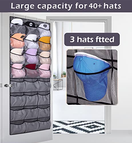 KEETDY 24 Baseball Hat Rack for Door Large Hat Organizer for Baseball Caps with Elastic Pockets Caps Holder Protect and Display Hat Storage