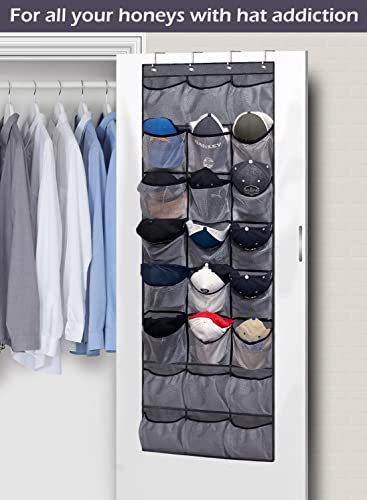 KEETDY 24 Baseball Hat Rack for Door Large Hat Organizer for Baseball Caps with Elastic Pockets Caps Holder Protect and Display Hat Storage