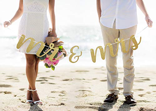Pre-Strung Mr & Mrs Sign for Wedding Table - Wedding Decorations for Reception and Ceremony , Wedding Sign Gold Wedding Decor , Sweetheart Table Wedding Banner for Bride and Groom Chair - by Prazoli