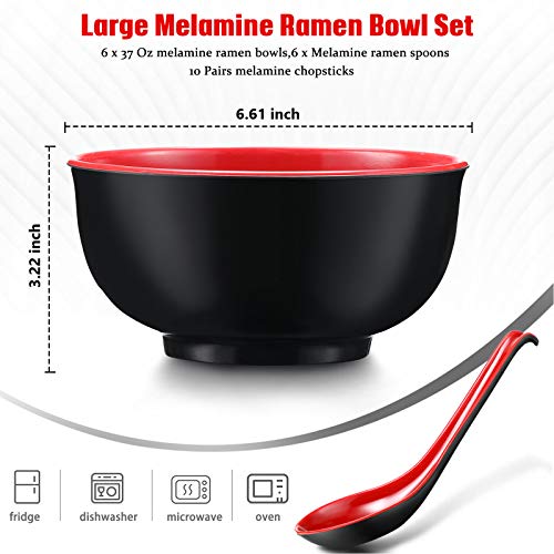 6 Sets 37 oz Large Ramen Bowl Set with Spoons Chopsticks, Asian, Chinese, Japanese or Pho Melamine Soup Bowl, Complete Dinnerware for Pho, Udon, Soup and Asian Cuisines