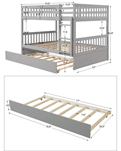 Full Over Full Bunk Bed with Trundle, Convertible to 2 Full Size Platform Bed, Full Size Bunk Bed with Ladder and Safety Rails for Kids, Teens, Adults, Grey