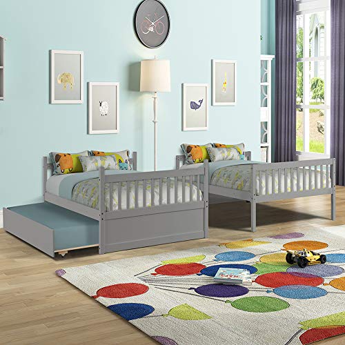 Full Over Full Bunk Bed with Trundle, Convertible to 2 Full Size Platform Bed, Full Size Bunk Bed with Ladder and Safety Rails for Kids, Teens, Adults, Grey