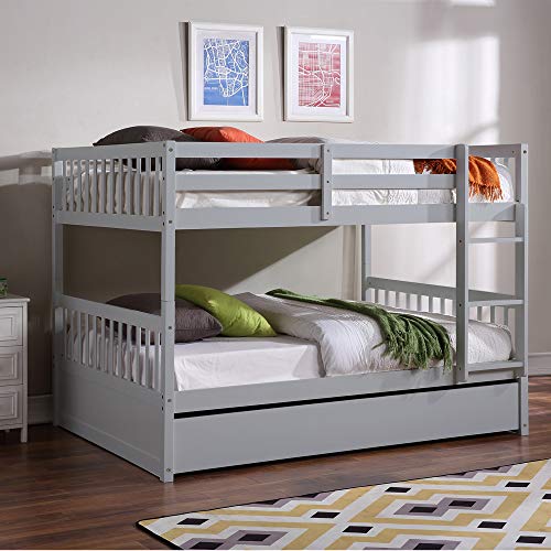 Full Over Full Bunk Bed with Trundle, Convertible to 2 Full Size Platform Bed, Full Size Bunk Bed with Ladder and Safety Rails for Kids, Teens, Adults, Grey