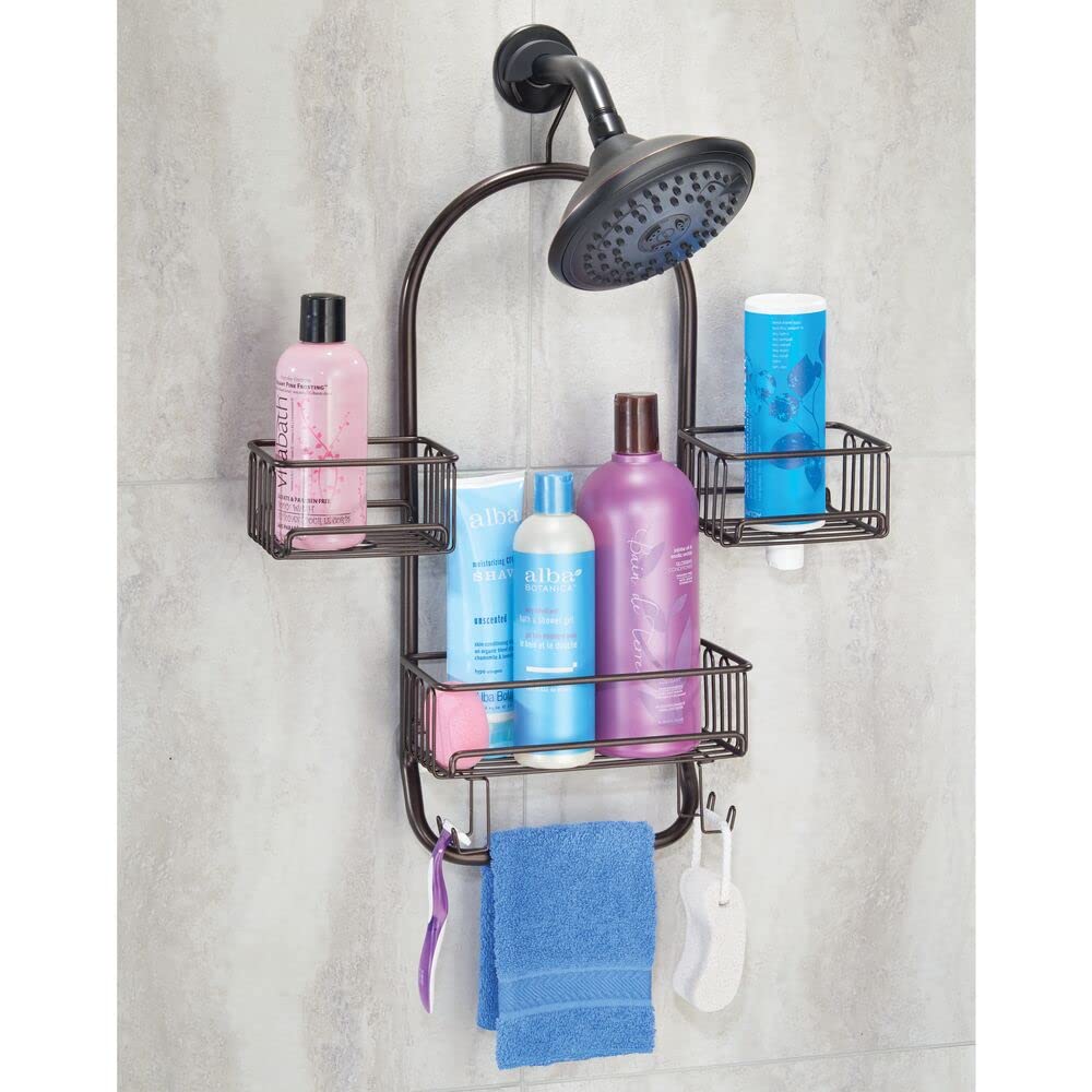 mDesign Modern Metal Wire Bathroom Tub & Shower Caddy, Hanging Storage Organizer Center - 2 Wash Cloth/Razor Hooks, 3 Baskets - for Bathroom Shower Stalls, Bathtubs - Rust Resistant - Bronze