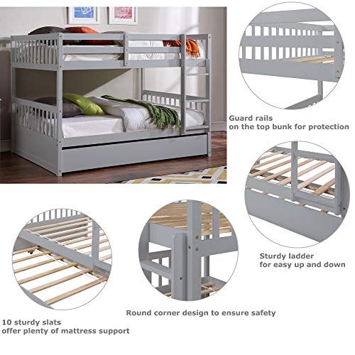 Full Over Full Bunk Bed with Trundle, Convertible to 2 Full Size Platform Bed, Full Size Bunk Bed with Ladder and Safety Rails for Kids, Teens, Adults, Grey