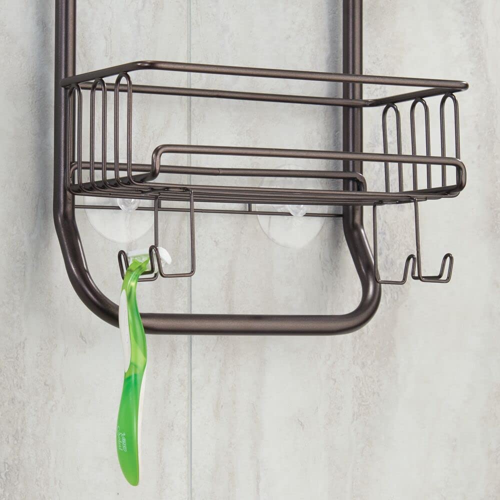 mDesign Modern Metal Wire Bathroom Tub & Shower Caddy, Hanging Storage Organizer Center - 2 Wash Cloth/Razor Hooks, 3 Baskets - for Bathroom Shower Stalls, Bathtubs - Rust Resistant - Bronze