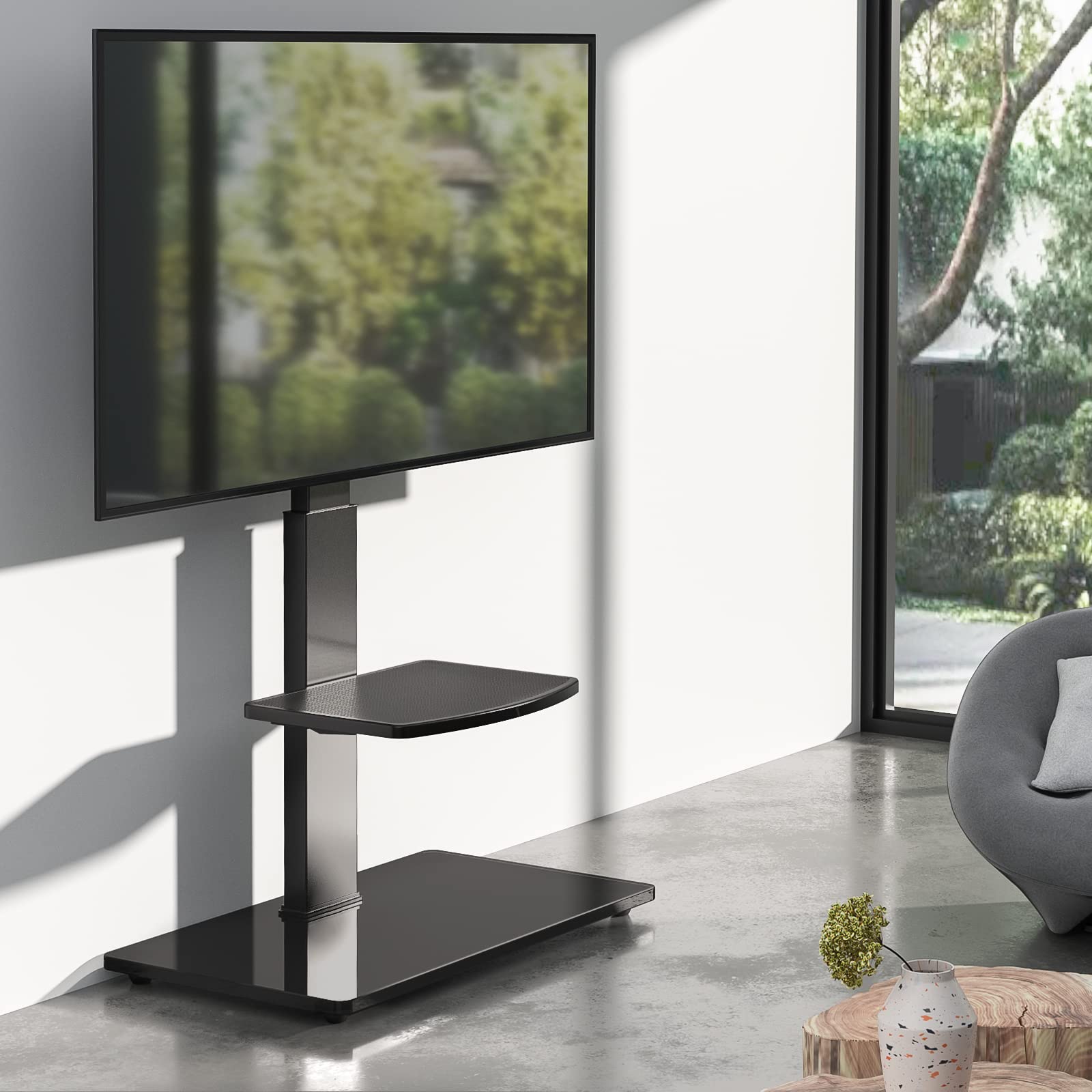 Rfiver Universal Swivel Floor TV Stand with Mount for 32-65 Inch Flat Screens/Curved TVs up to 110 lbs, Tall TV Stand with Black Tempered Glass Base and 2-Tier Storage Shelves, Height Adjustable